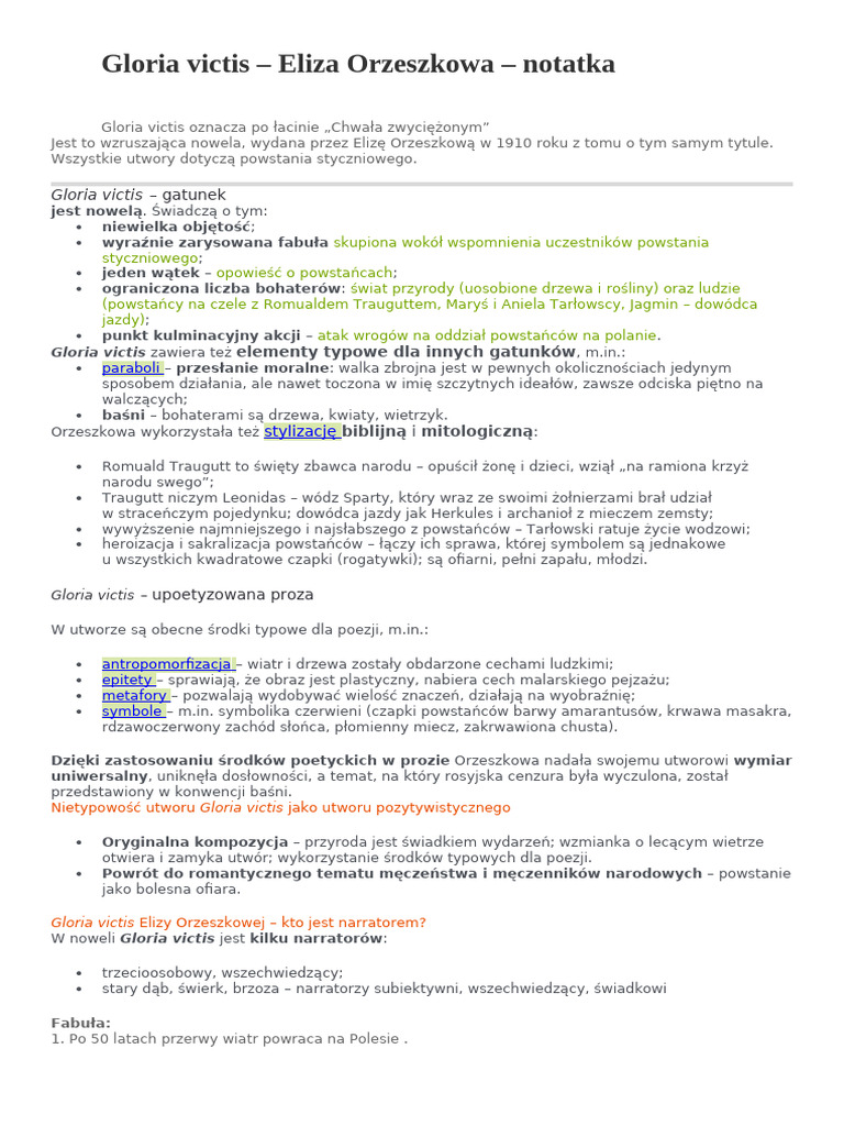 Gloria Victis - Eliza Orzeszkowa - Notatka | PDF