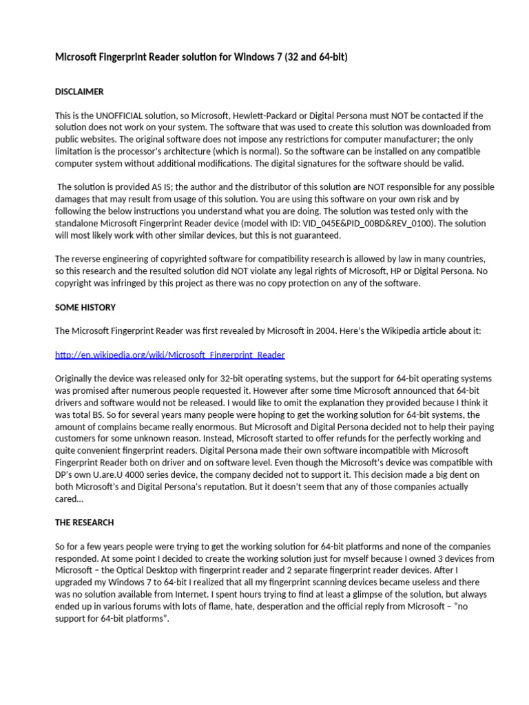 Microsoft Fingerprint Reader Solution For Windows 7 | PDF | Microsoft Windows | Computer File