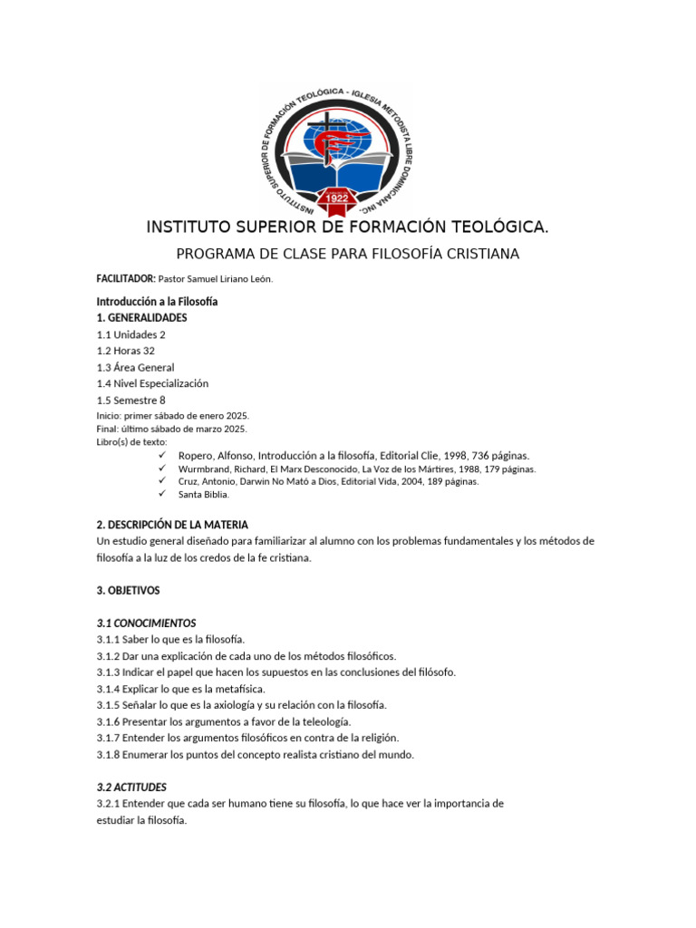 Programa de Clase para Filosofía Cristiana | PDF