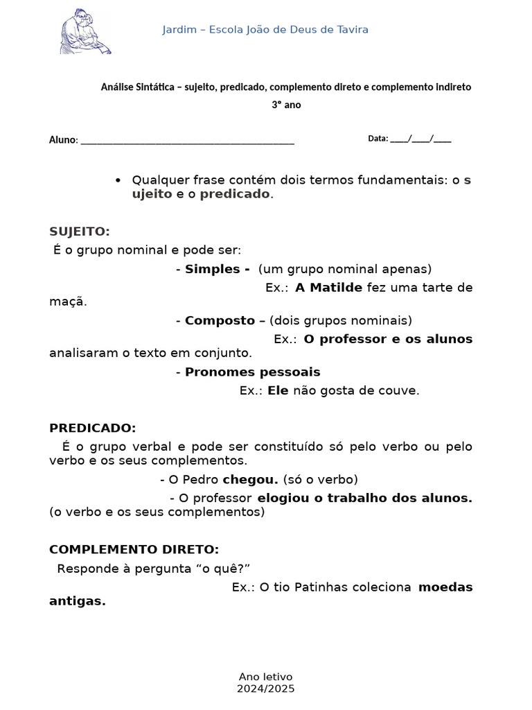 Ficha de Trabalho - Analise Sintatica - Sujeito, Predicado, Complemento Direto, Complemento ...