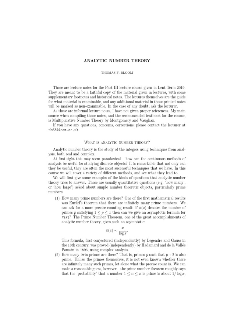 ANALYTIC NUMBER THEORY | PDF | Prime Number | Number Theory ANALYTIC NUMBER THEORY | PDF | Prime Number | Number Theory