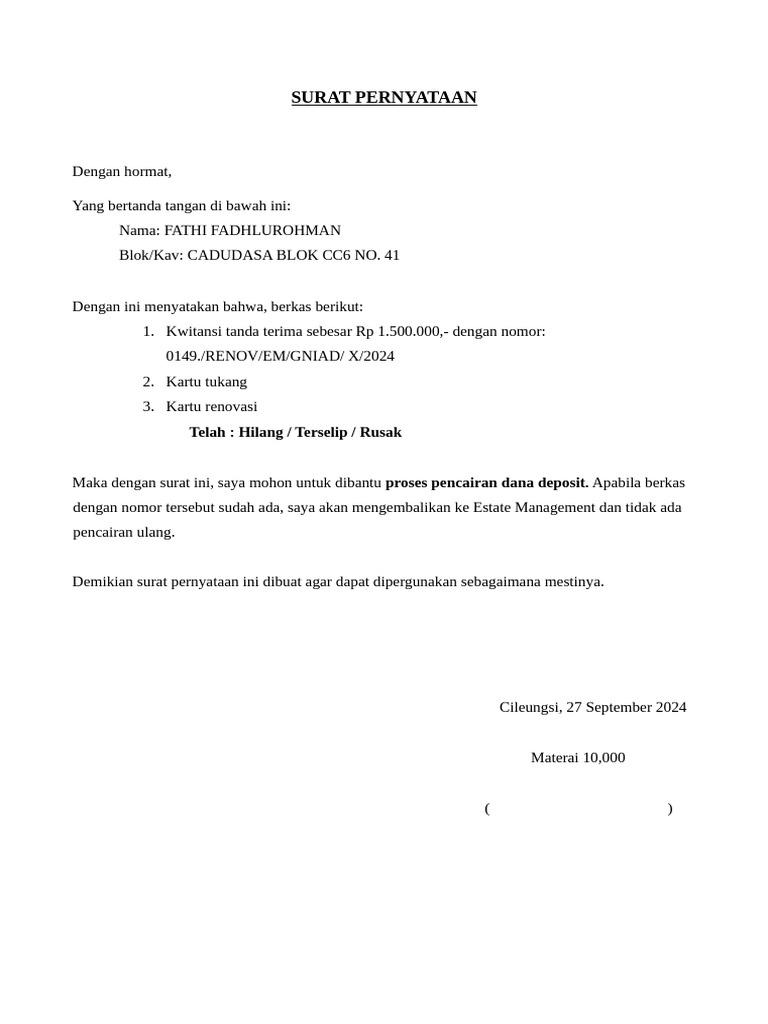 Surat Pernyataan Kehilangan Renov OK | PDF