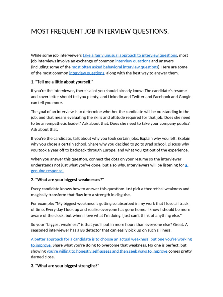 MOST FREQUENT JOB INTERVIEW QUESTIONSk | PDF | Job Interview | Employee ...
