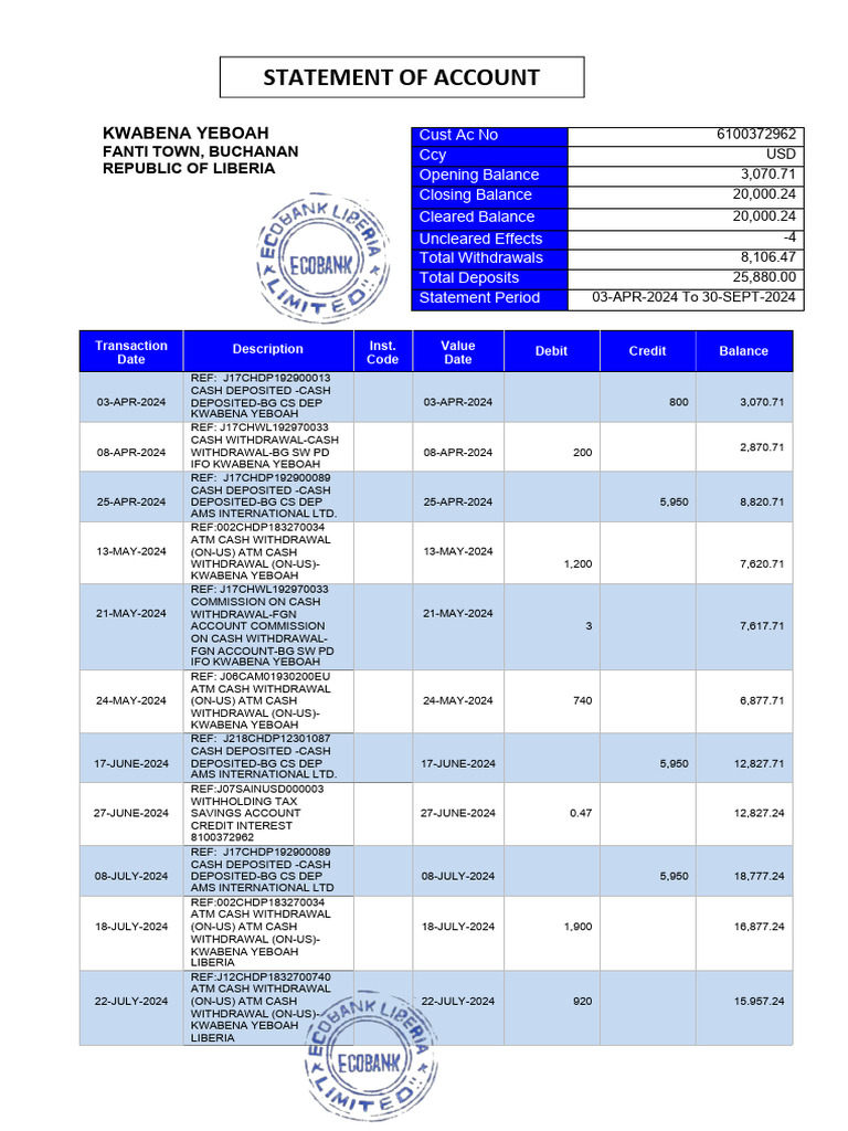 YEBOAH Bank Statement ECO | PDF | Cash | Automated Teller Machine
