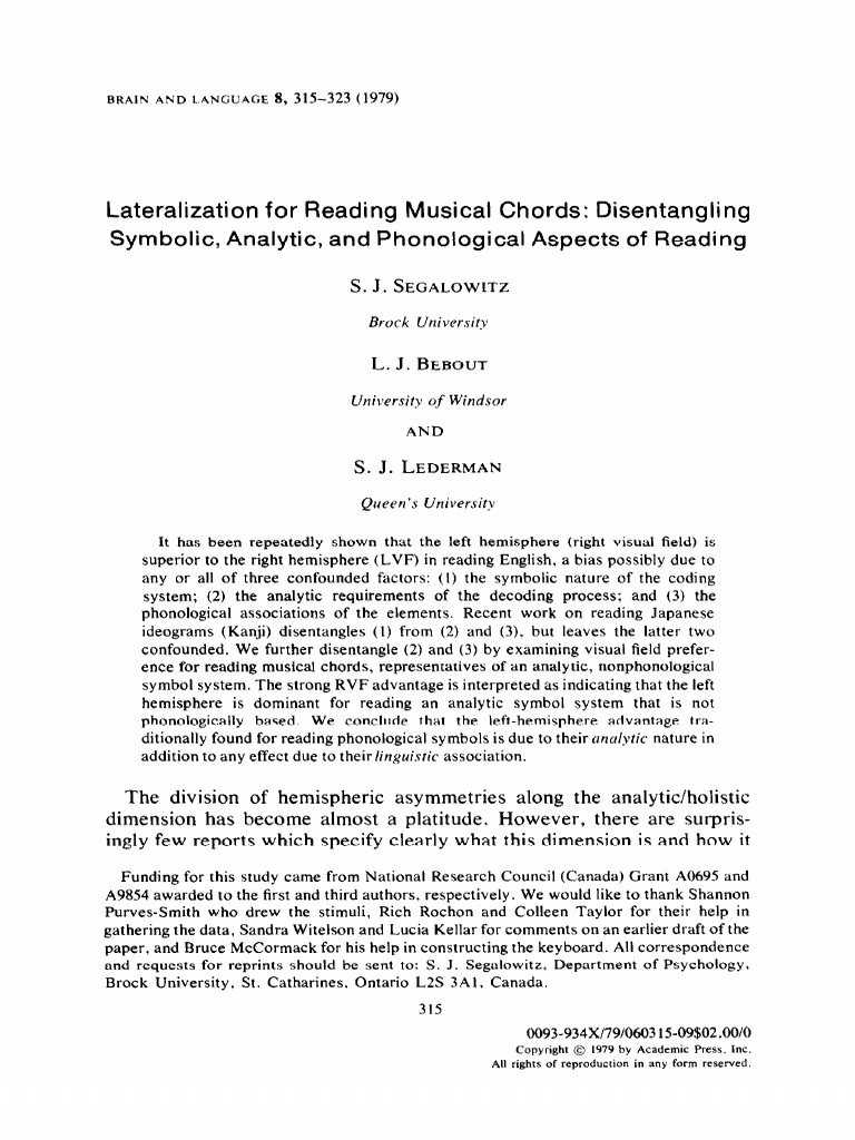 Segalowitz 1979 B+L.Lateralization For Reading Musical Chords | PDF ...
