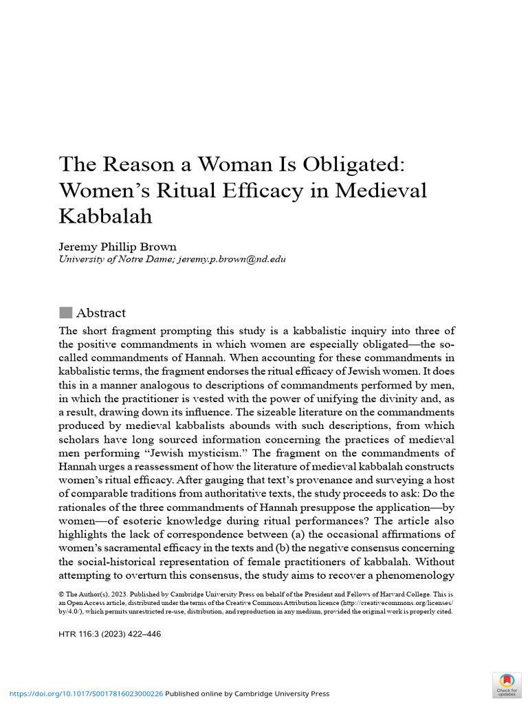 Reason A Woman Is Obligated Womens Ritual Efficacy in Medieval Kabbalah ...