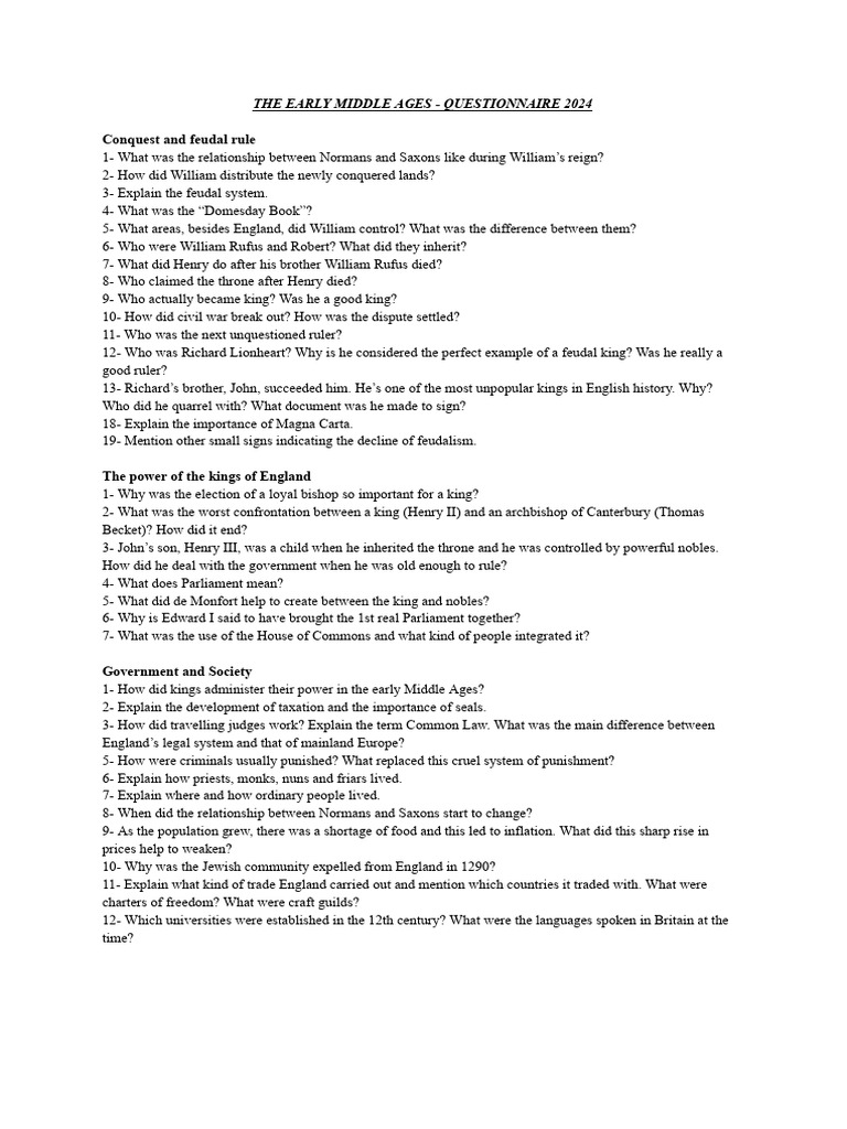 THE EARLY MIDDLE AGES (Colón) - QUESTIONNAIRE 2024 | PDF | England ...