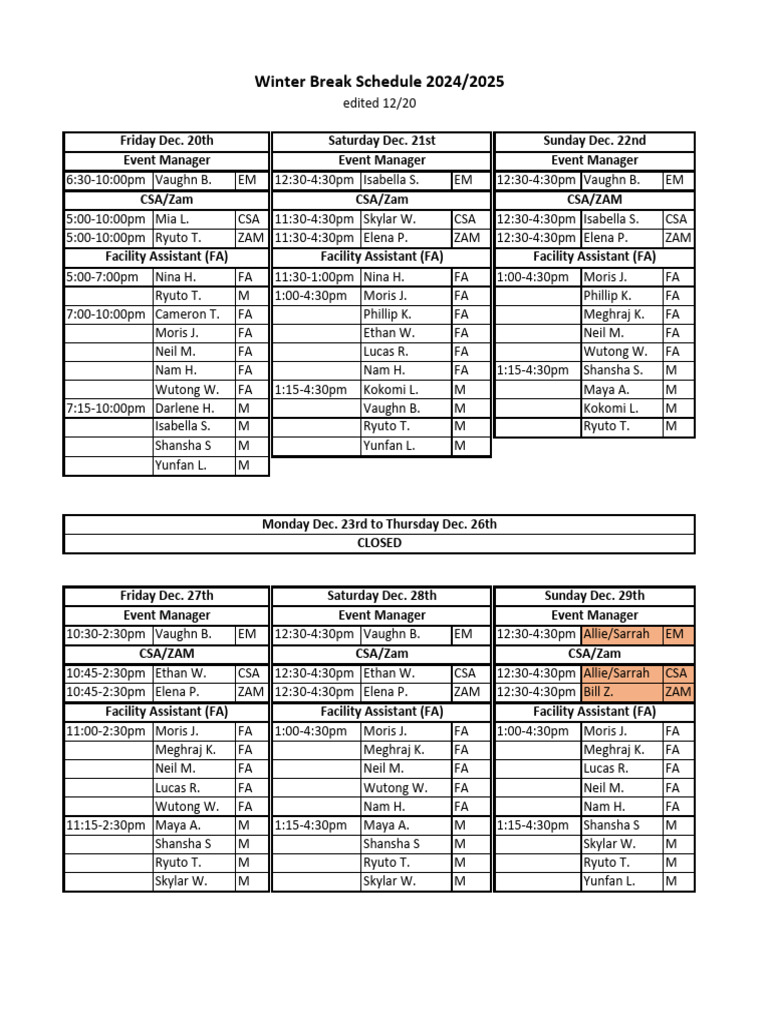 Winter Break 2024/2025 Staff Schedule | PDF