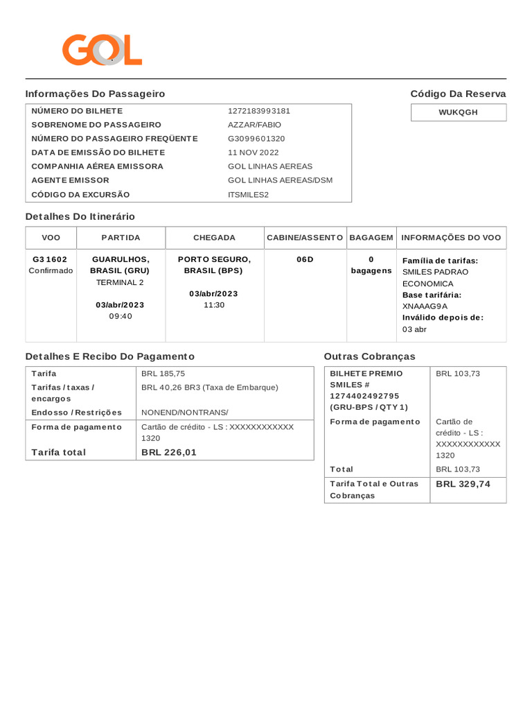 Recibo Do Bilhete Eletrã Nico, 03 Abril para FABIO AZZAR | PDF