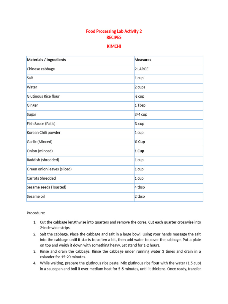 Food Processing Lab Activity 2 | PDF | Pickling | Korean Cuisine