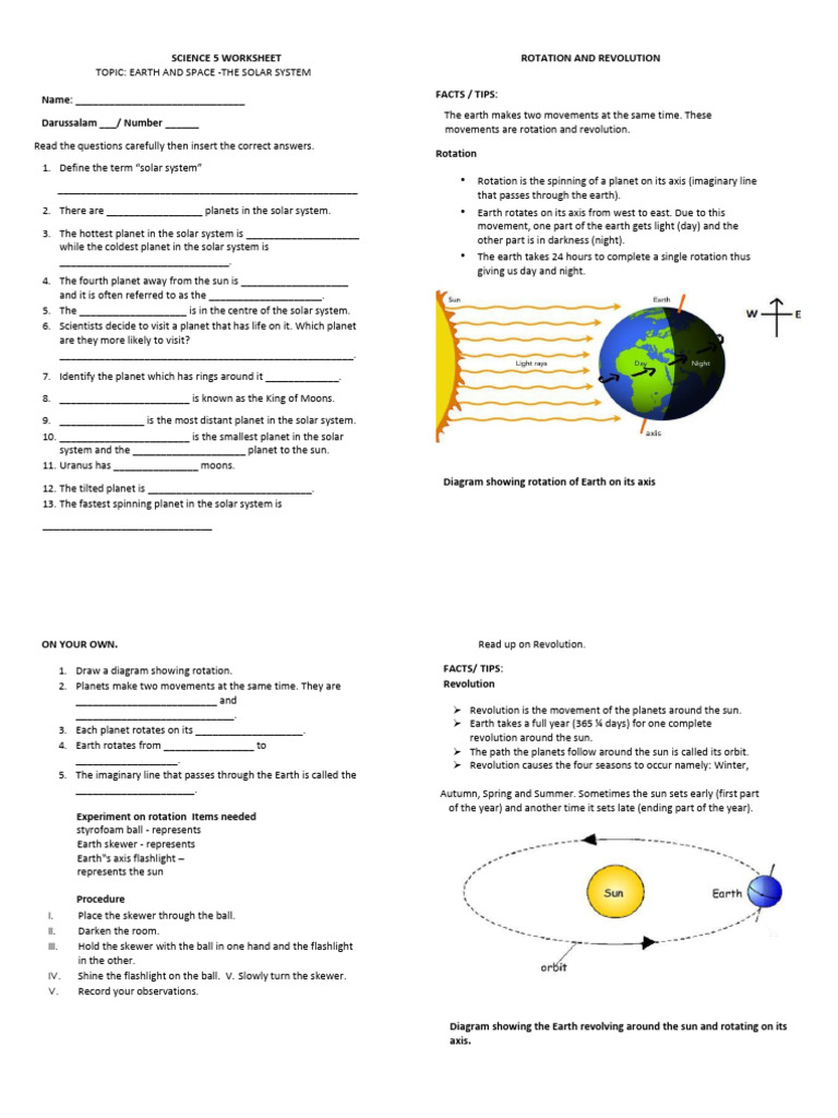 Science 5 WS Solar System | PDF | Planets | Rotation