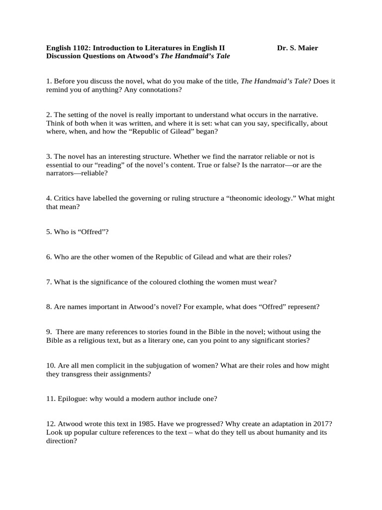 ENGL 1102 Handmaid's Tale DQs | PDF