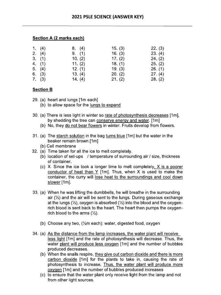 Psle Science 2021 (Answer) | PDF