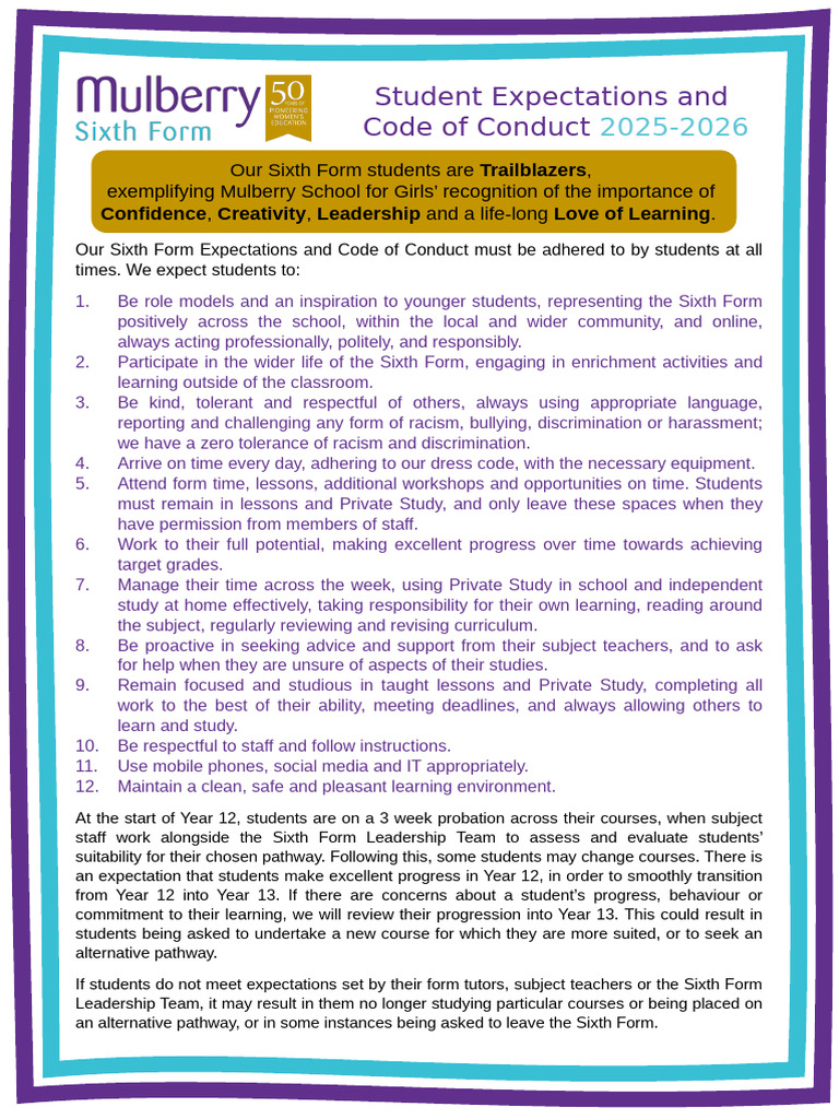 Sixth Form Code of Conduct 2025 2026 | PDF | Clothing | Schools
