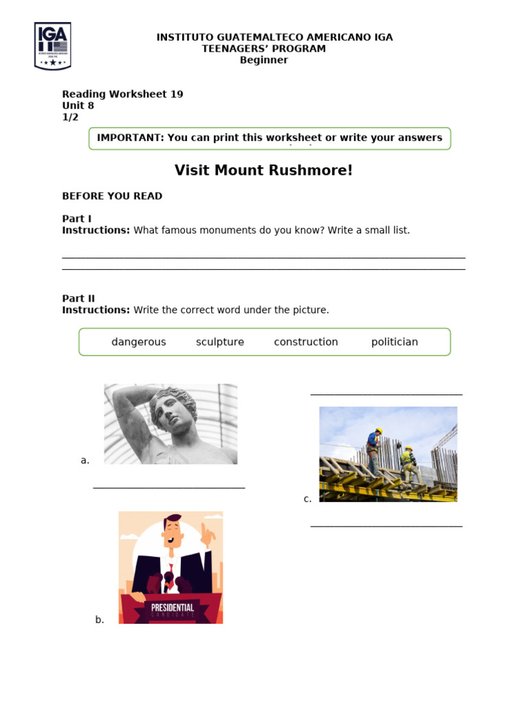 Reading-Worksheet 19_Visit Mount Rushmore | PDF