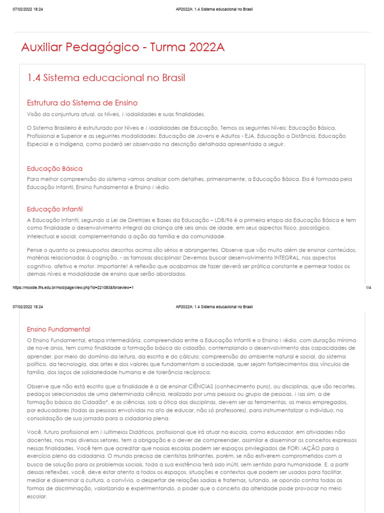 AP2022A_ 1.4 Sistema educacional no Brasil | PDF | Desenvolvimento profissional | Pré-escola