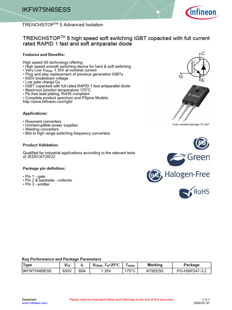 Infineon IKFW75N65ES5 DataSheet v02 - 01 EN | PDF | Manufactured Goods | Electrical Engineering