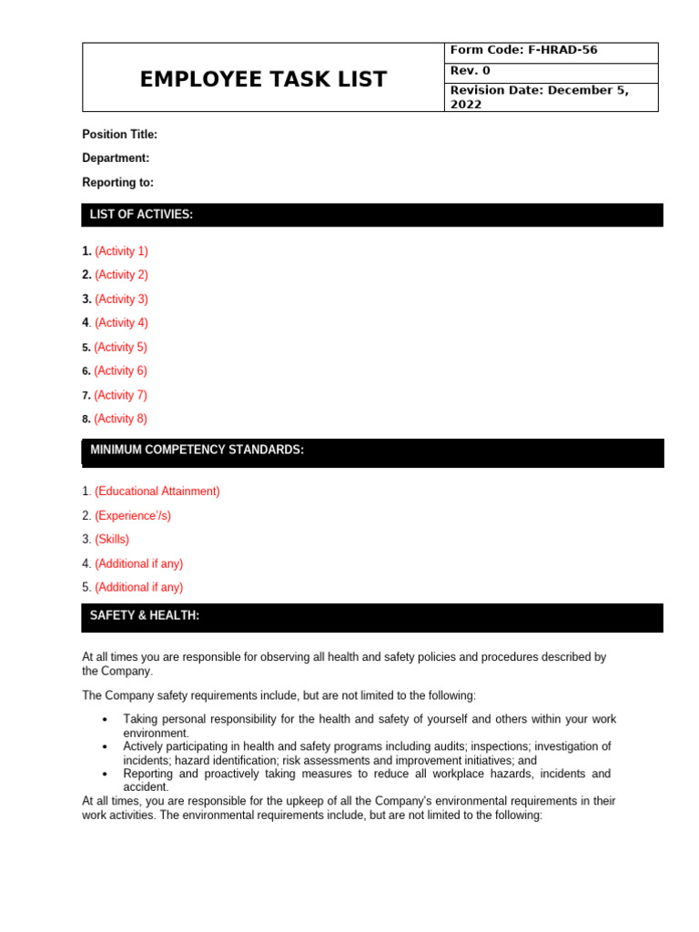 Employee Task List and Responsibilities | PDF