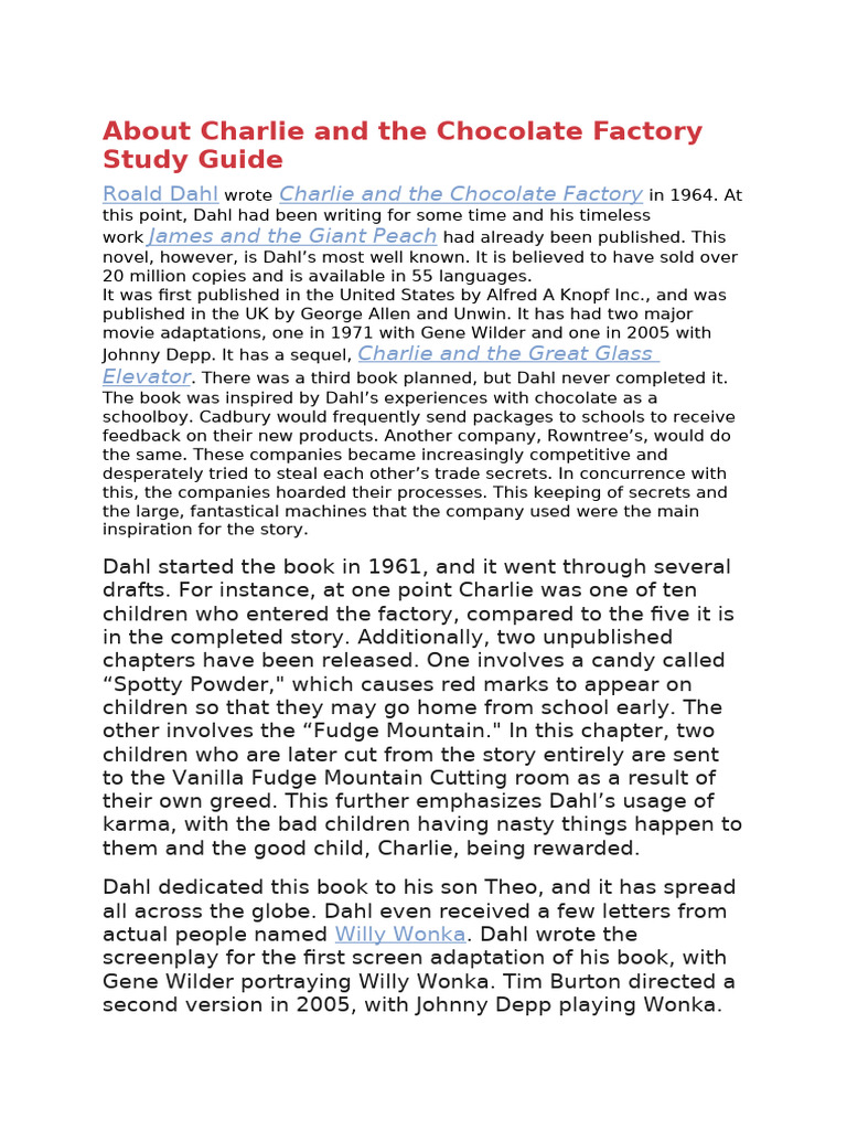 About and Summary of Charlie and the Chocolate Factory Study Guide | PDF