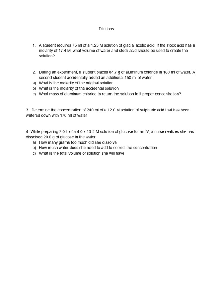 Calculating Dilutions and Molarity Solutions | PDF