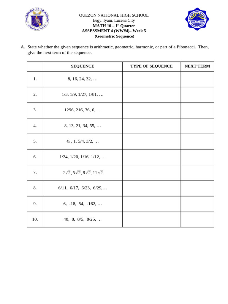 Assessment 4 Week 5 Q1 Geometric Sequence | PDF
