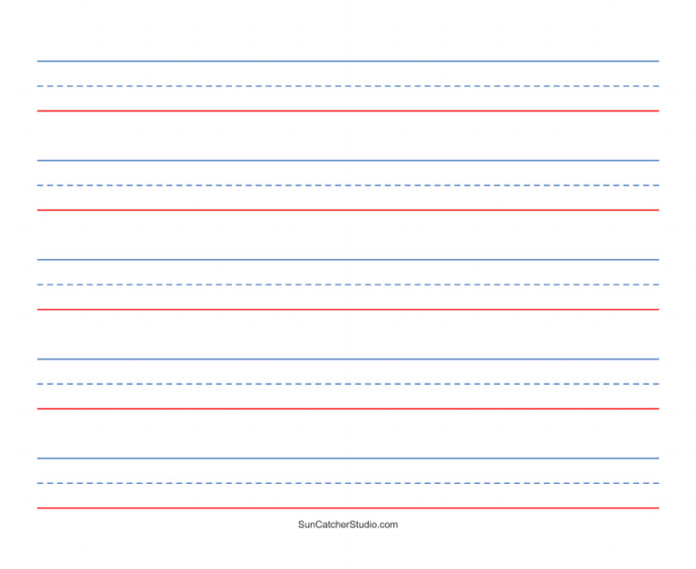 Printable Handwriting Lined Paper Landscape 5 ff0000 4477bb | PDF