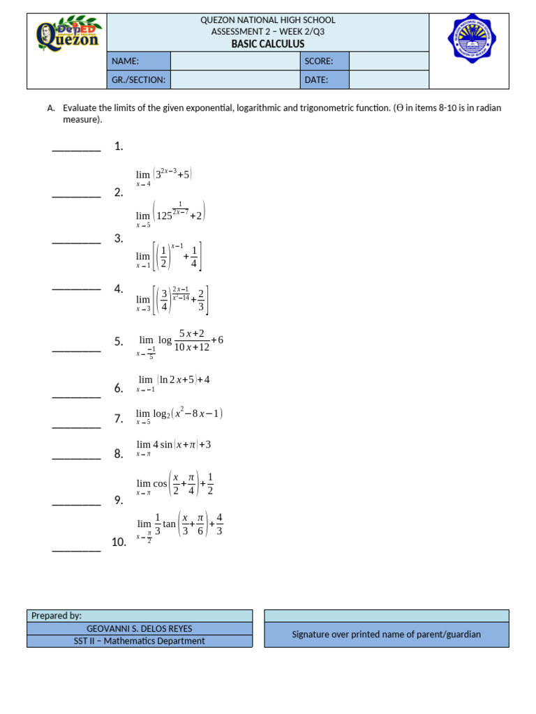 Assessment-2-Wk-2-Limits-of-Transcendental-Functions | PDF | Logarithm | Mathematical Relations