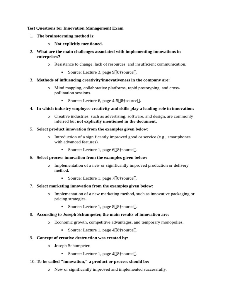 Innovation Management Exam Questions | PDF | Innovation | Business