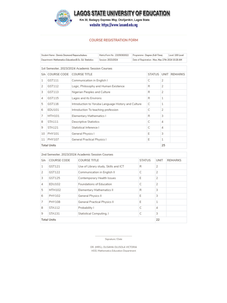 COURSE REGISTRATION FORM _ 23150302022 | PDF | Mathematics | Science