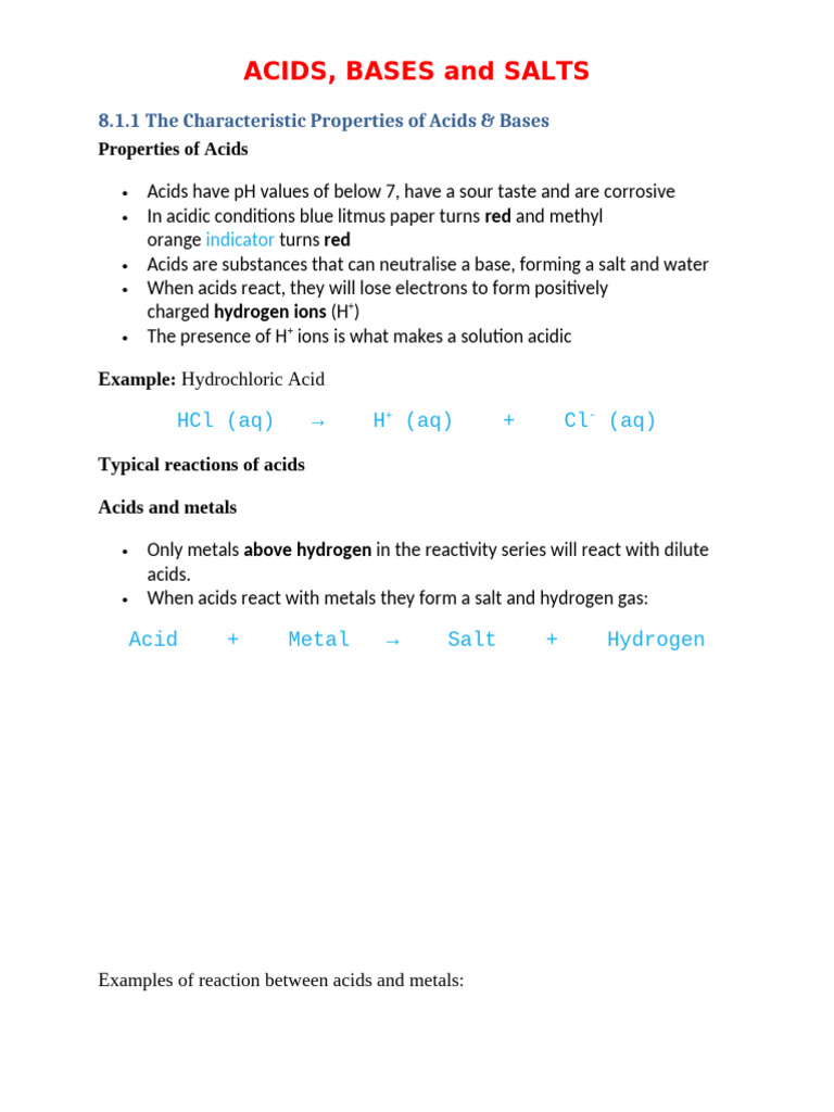 Properties and Reactions of Acids, Bases, Salts | PDF | Acid | Hydroxide