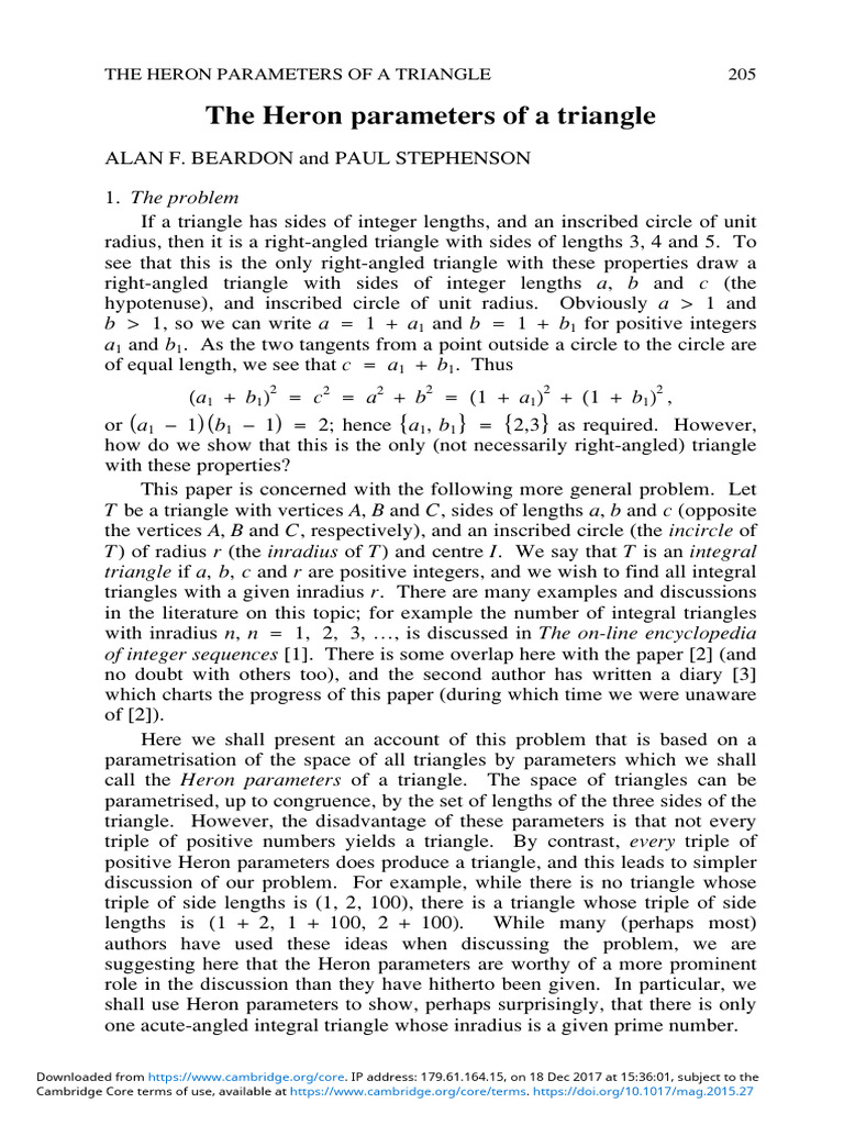Heron Parameters & Integral Triangles | PDF | Elementary Mathematics ...