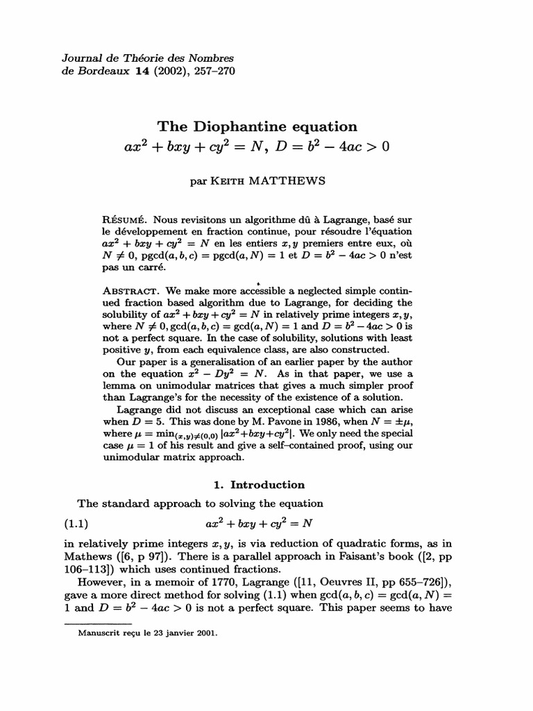 The Diophantine Equation Ax 2 + Bxy + Cy 2 N, D B 2 - 4ac - 0 - Keith ...