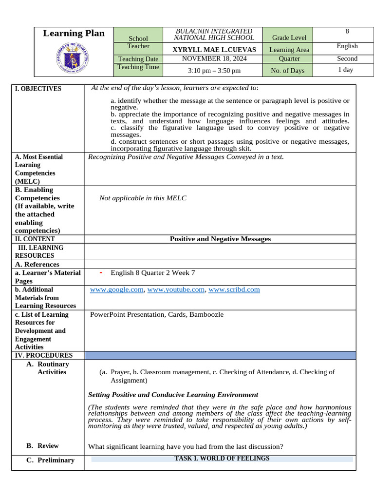 Demo for g8 Sampaguita - Final Lesson Plan (2) | PDF | Learning | Body Language