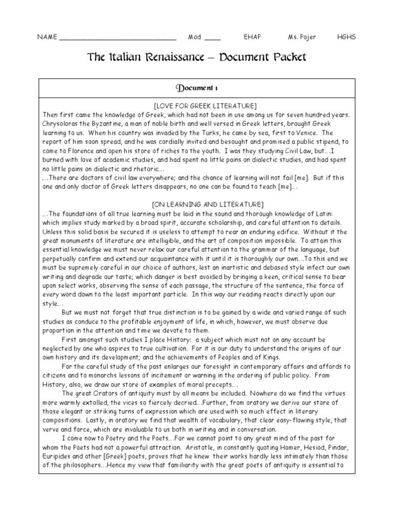 The Italian Renaissance - Document Packet | PDF