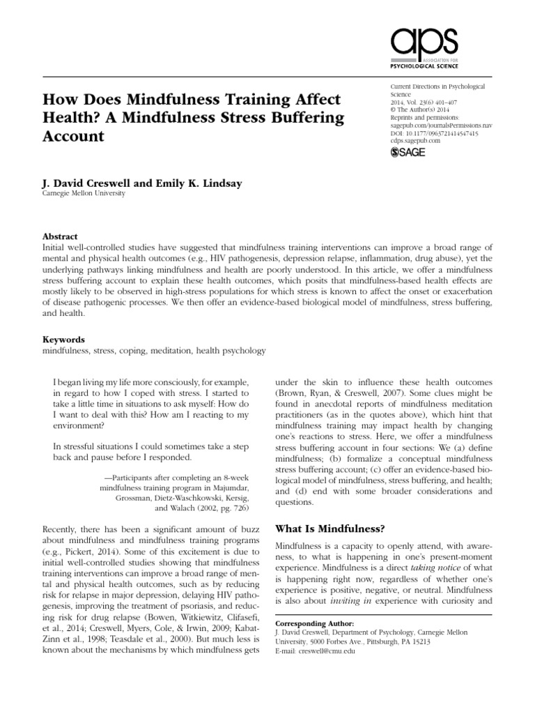 Creswell Lindsay (2014), Mindfulness Stress Buffering, CDPS | PDF | Mindfulness | Hypothalamic ...