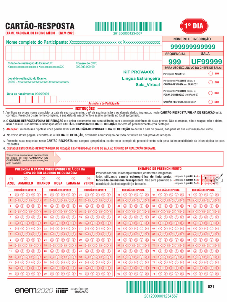 Cartao Resposta 1º dia ENEM - Ling Hum | PDF
