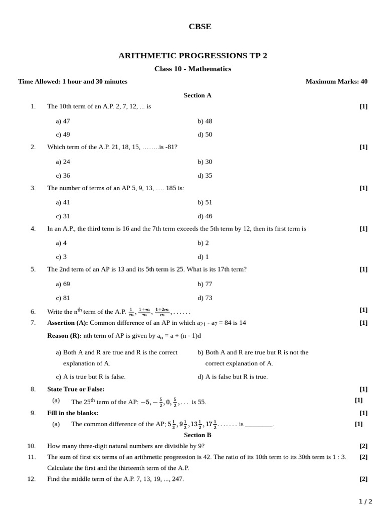 Arithmetic Progressions TP 2 (NTH Term of An AP) | PDF | Arithmetic | Mathematics