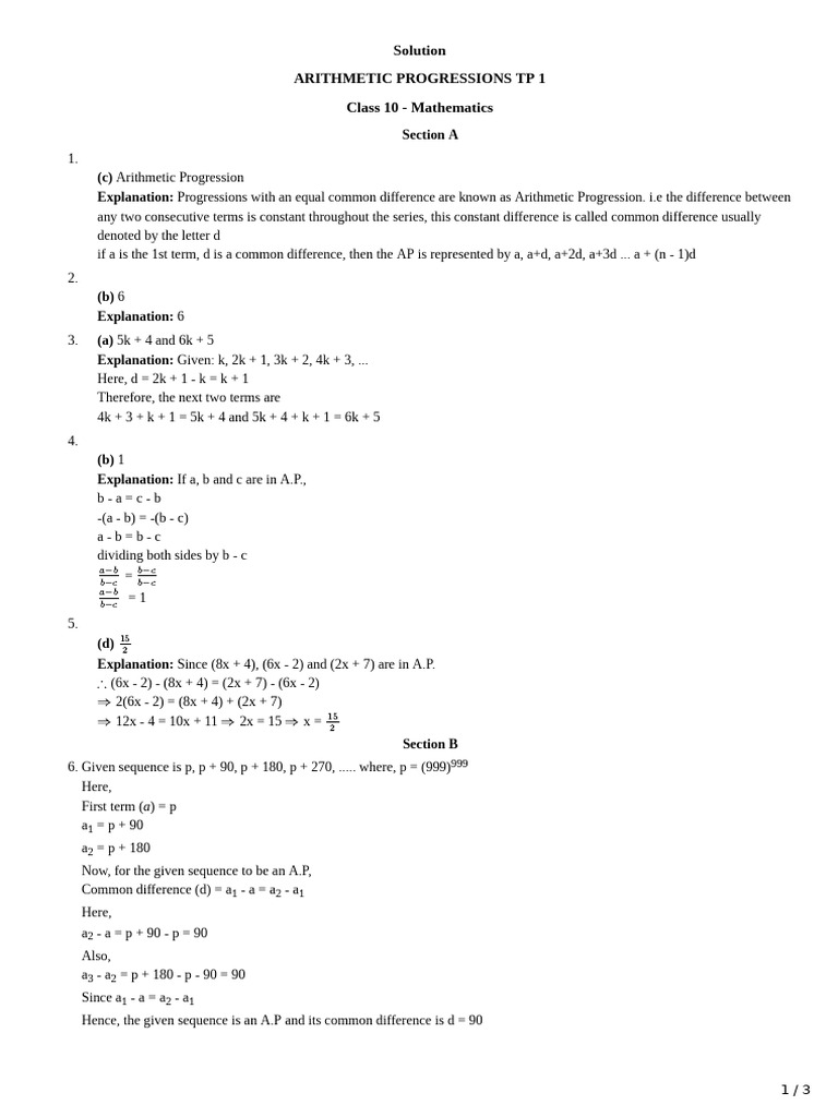 Arithmetic Progressions TP 1sol (Arithmetic Progressions) | PDF | Mathematics | Mathematical ...