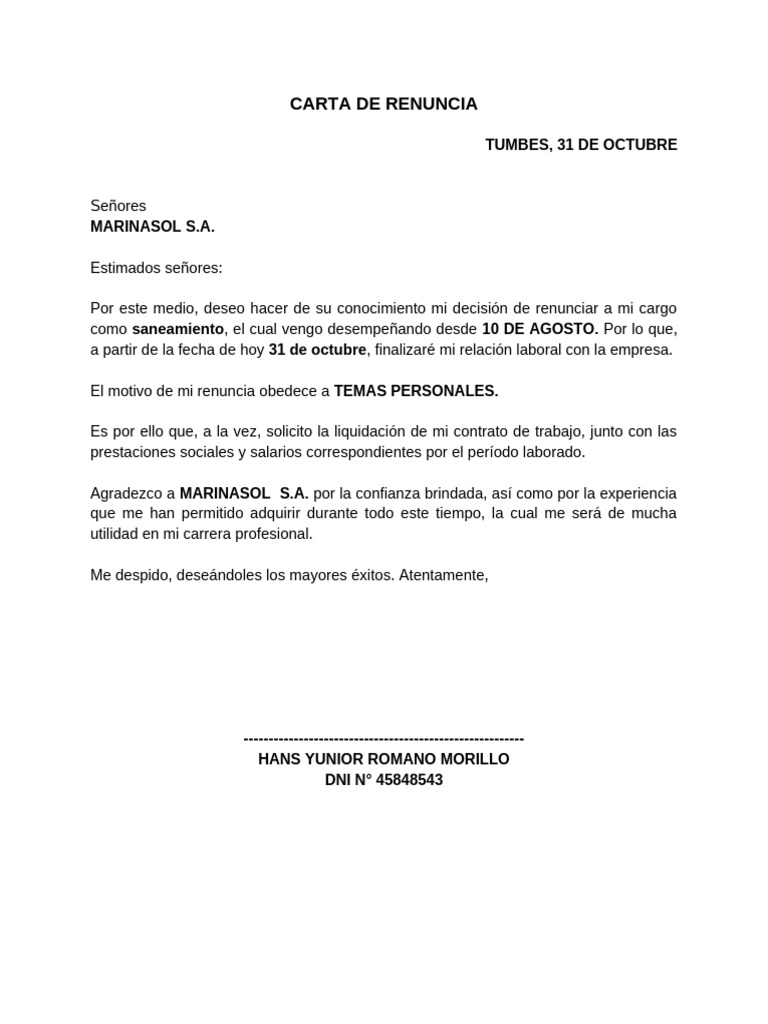 Modelo de Carta de Renuncia Voluntaria | PDF