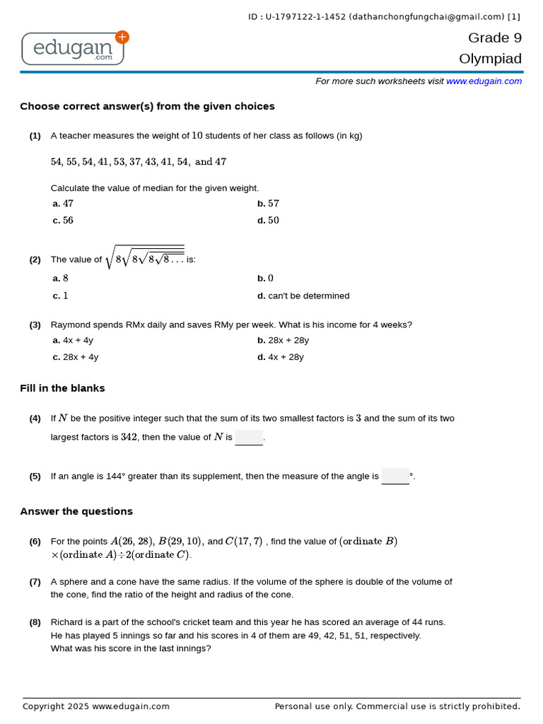 Grade9 1797122 1 1452.q | PDF | Area | Triangle
