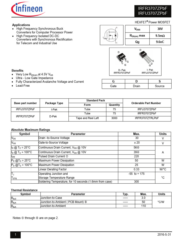Infineon IRFR3707Z DS v01 - 02 EN 1226493 | PDF | Electromagnetism | Semiconductors