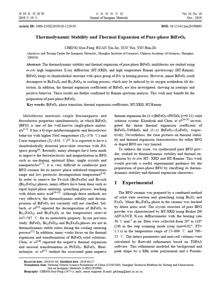 Thermodynamic Stability and Thermal Expansion of Pure-phase BiFeO3 | PDF | Thermal Expansion ...