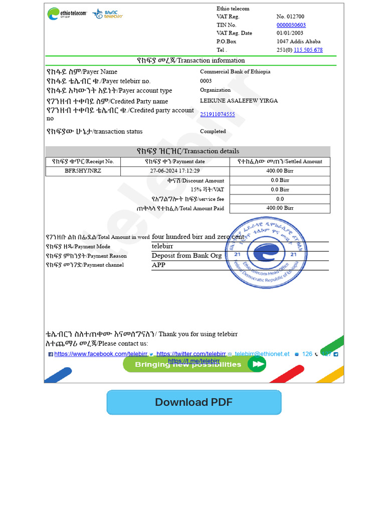 Telebirr Receipt | PDF