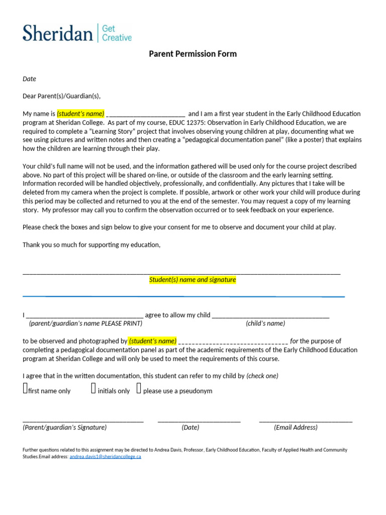 Parent Permission Form Template Fall 2021 | PDF