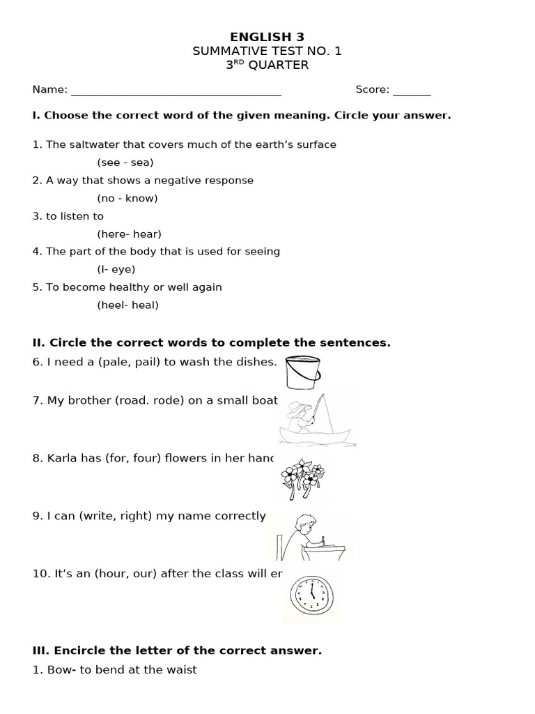 Class 1 English Summative Test 3rd Qtr | PDF