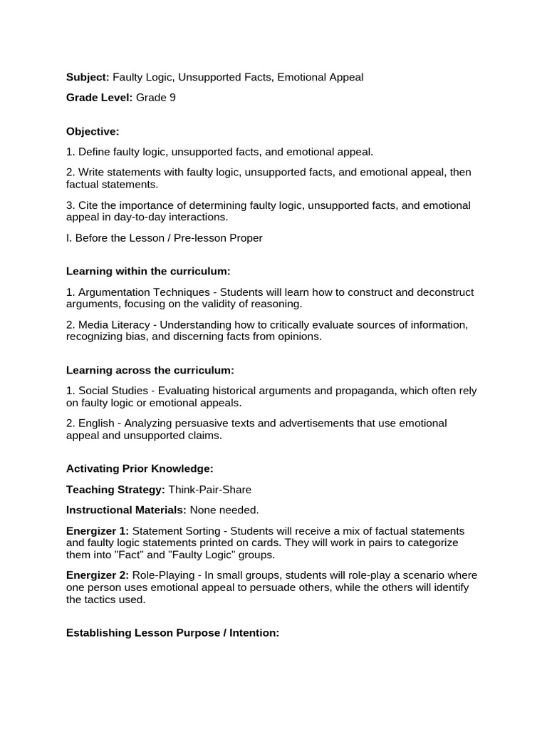 lesson_plan FAULTY LOGIC | PDF | Fallacy | Critical Thinking
