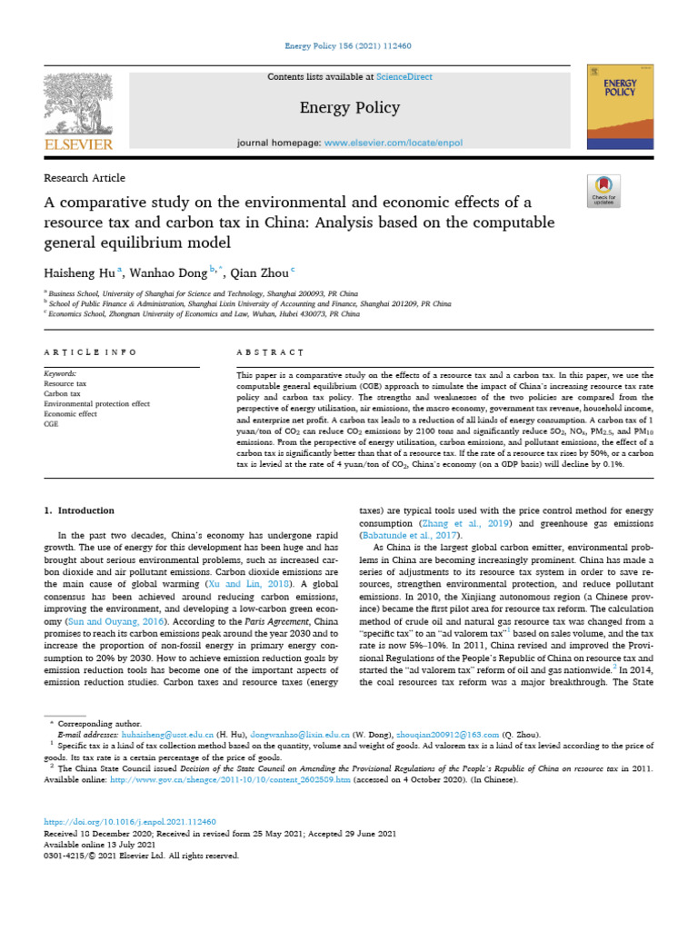 Comparative Effects of Resource and Carbon Taxes in China | PDF ...