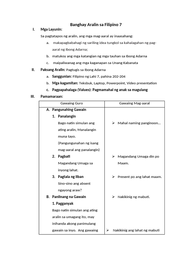 Lesson Plan 7 (Pagtugis Sa Ibong Adarna) | PDF