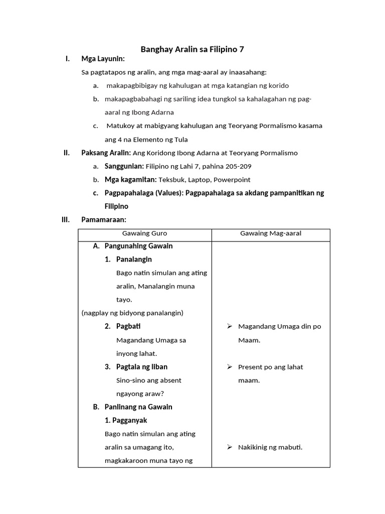 Lesson Plan 7 (Ang Koridong Ibong Adarna at Teoryang Pormalismo) | PDF