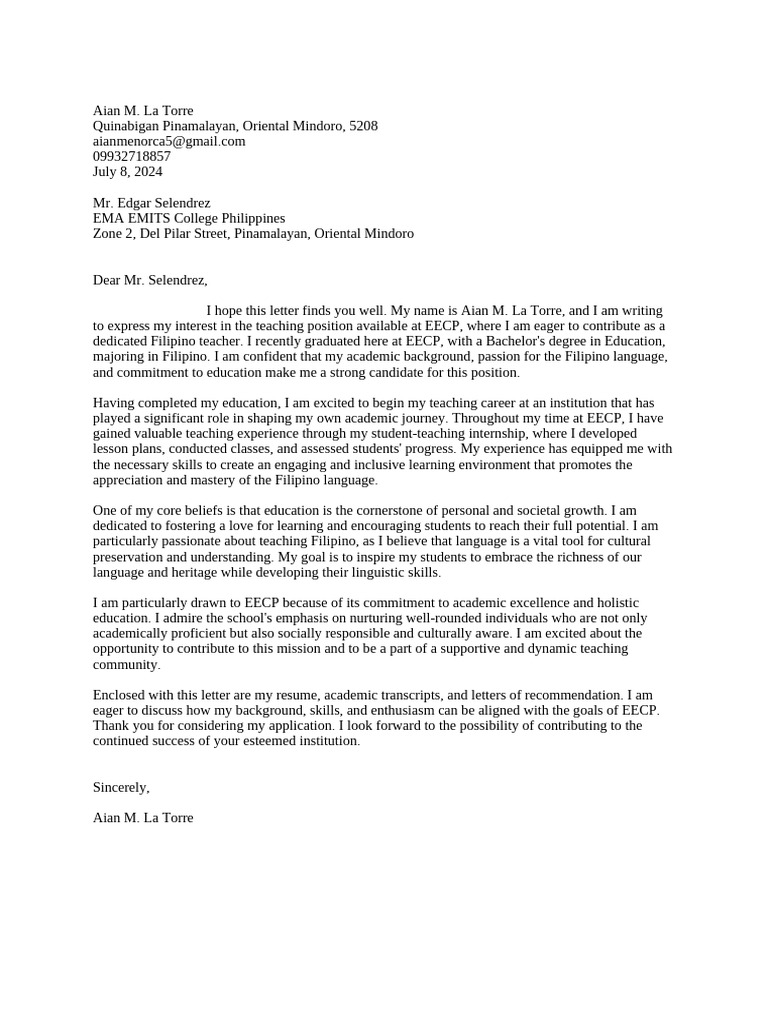 LETTER FOR APPLYING | PDF | Cognition | Behavior Modification